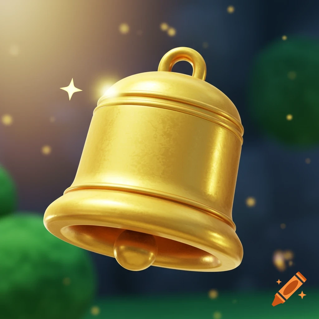 A shiny golden bell with light effects and sparkles against a blurred ...