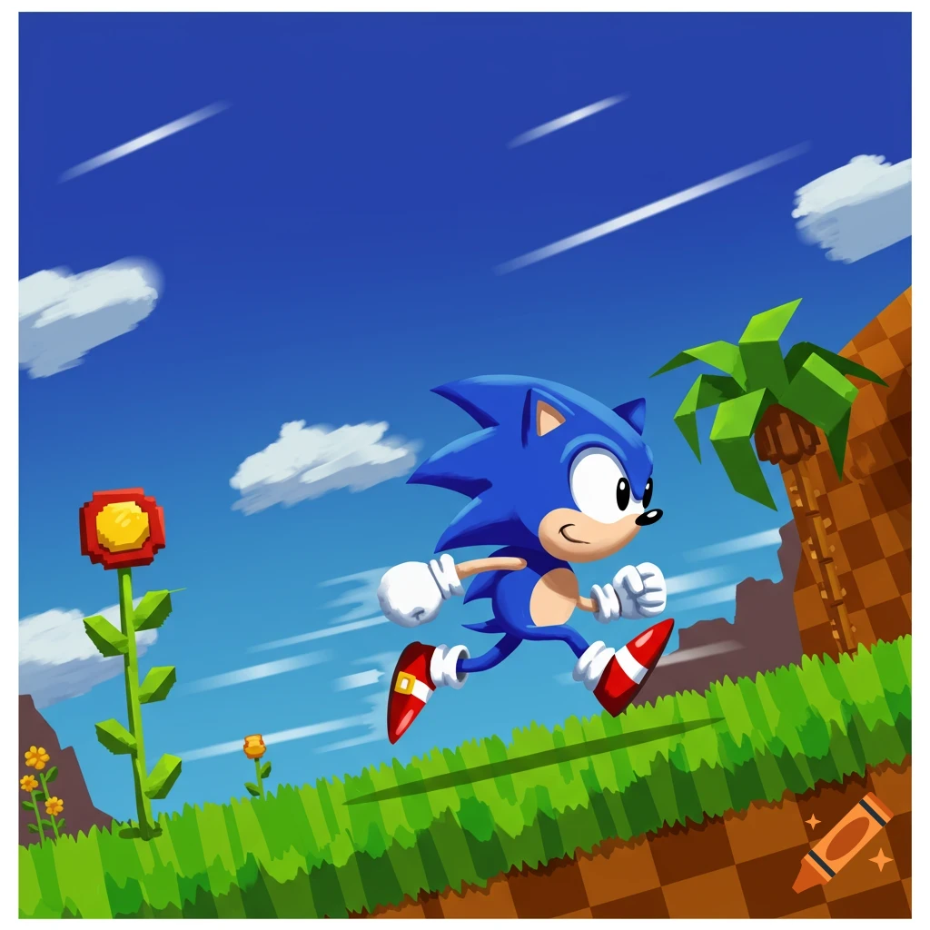 Sonic the Hedgehog runs through a bright, colorful level with pixelated ...