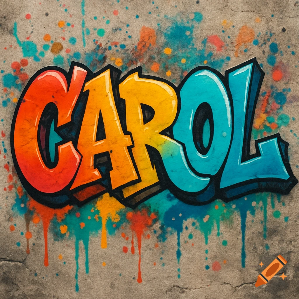 Colorful graffiti art spelling 'CAROL' on a wall with paint splatters ...