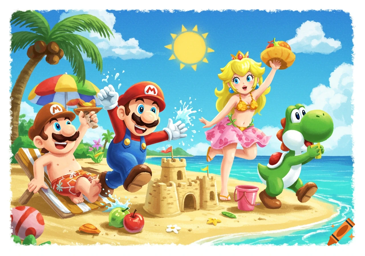 Mario, Luigi, Peach, and Yoshi play at the beach with a sandcastle ...