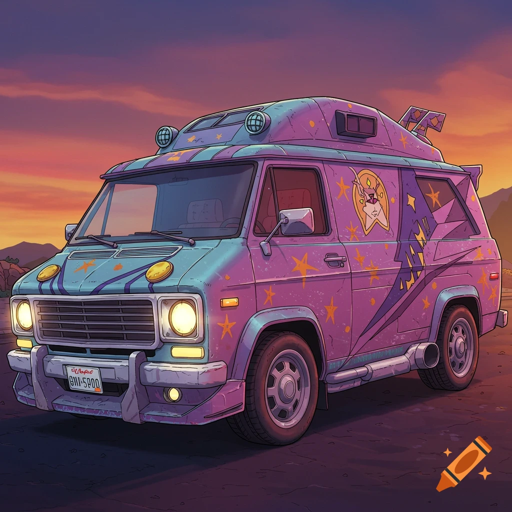 A colorful anime-style van with stars and a character drawing, parked ...
