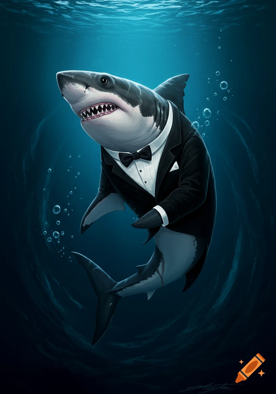 An illustration of a great white shark wearing a black tuxedo and bow ...