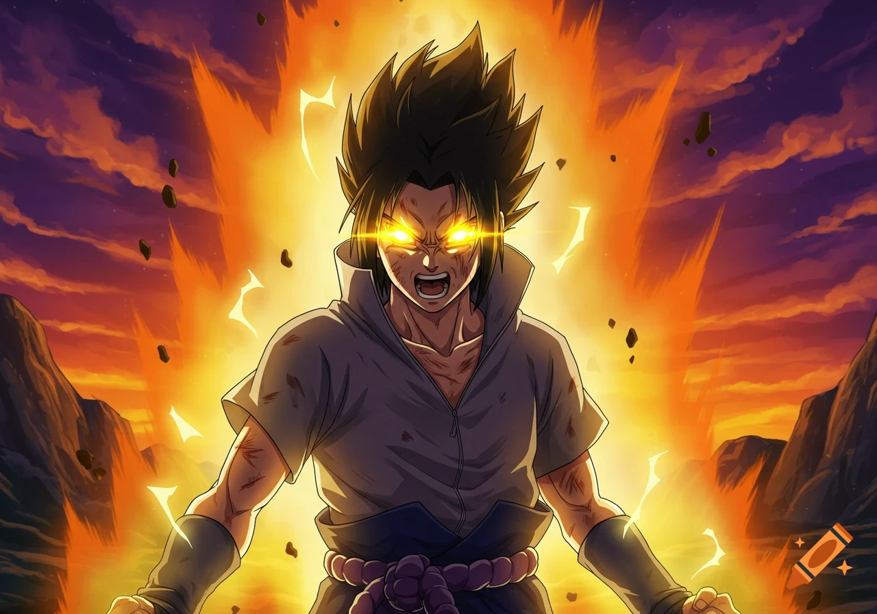Anime character resembling Sasuke with glowing eyes powering up in a ...
