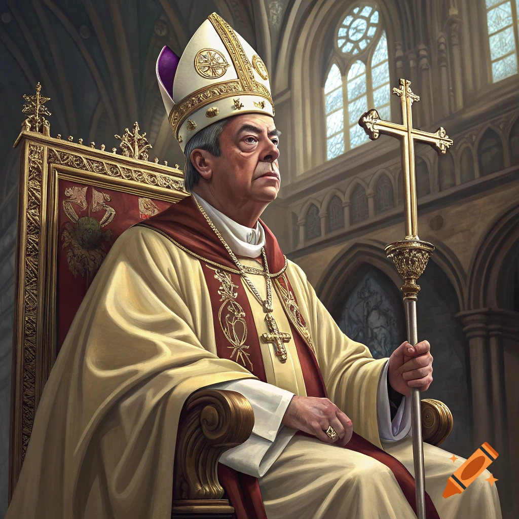 A man dressed as a Pope sits on a throne holding a staff in a church ...