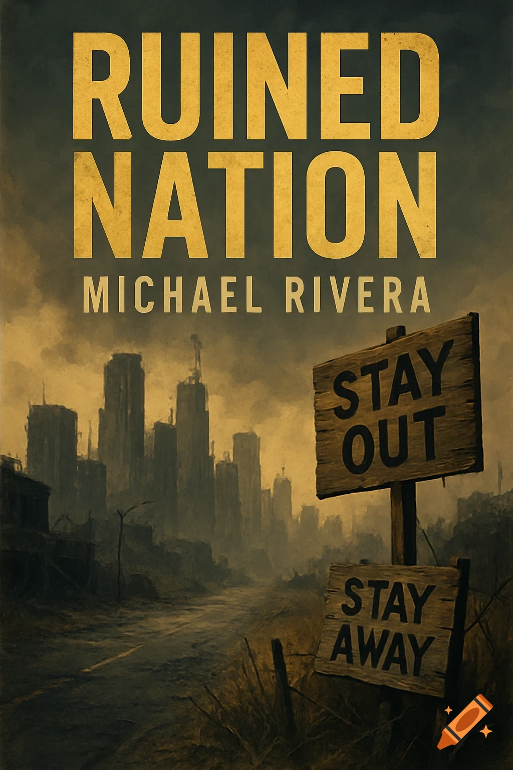 Post-apocalyptic art of a ruined city, road, and signs saying STAY OUT ...