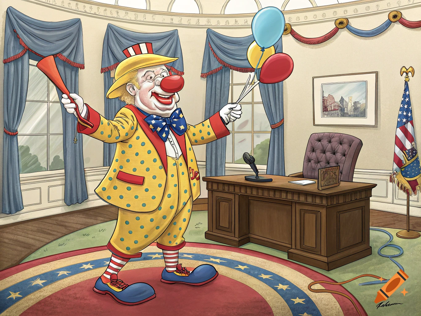 Cartoon clown in the Oval Office holding balloons and a horn. on Craiyon