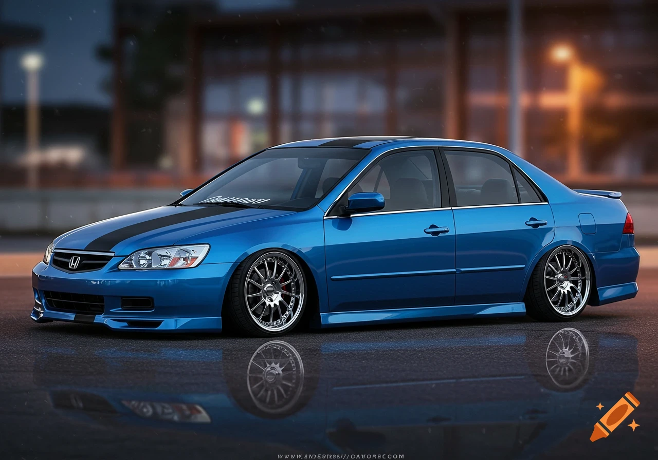 A lowered blue Honda Accord sedan with custom wheels and a black racing ...