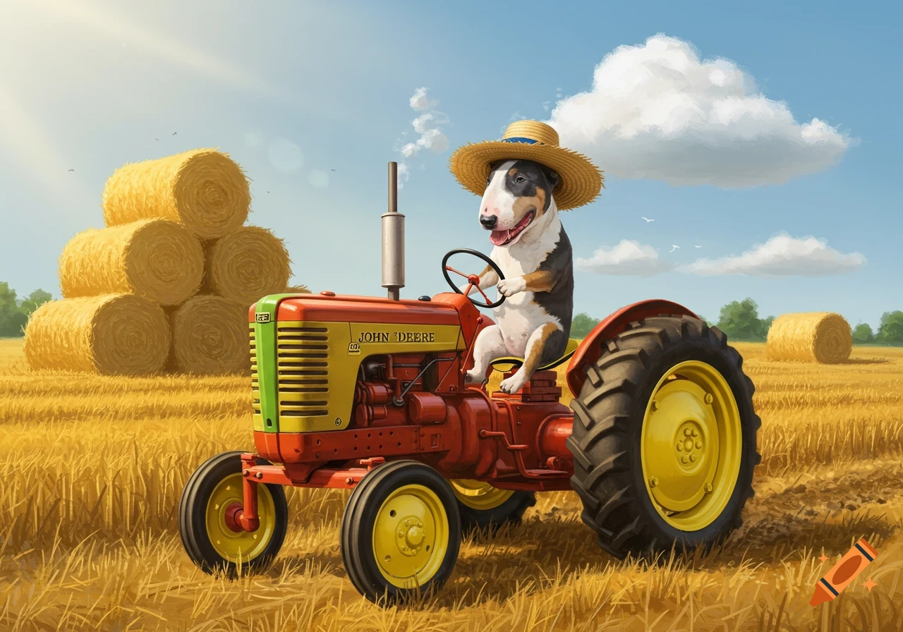 A bull terrier in a straw hat drives a red tractor through a golden ...