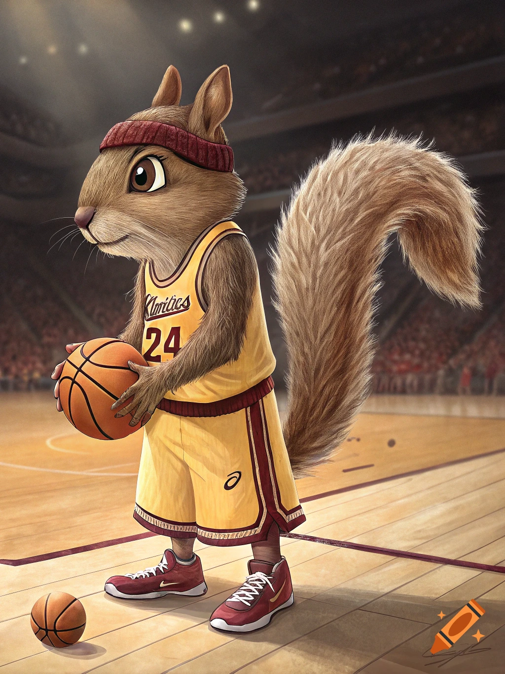 A squirrel in a yellow and maroon basketball uniform holds a basketball ...