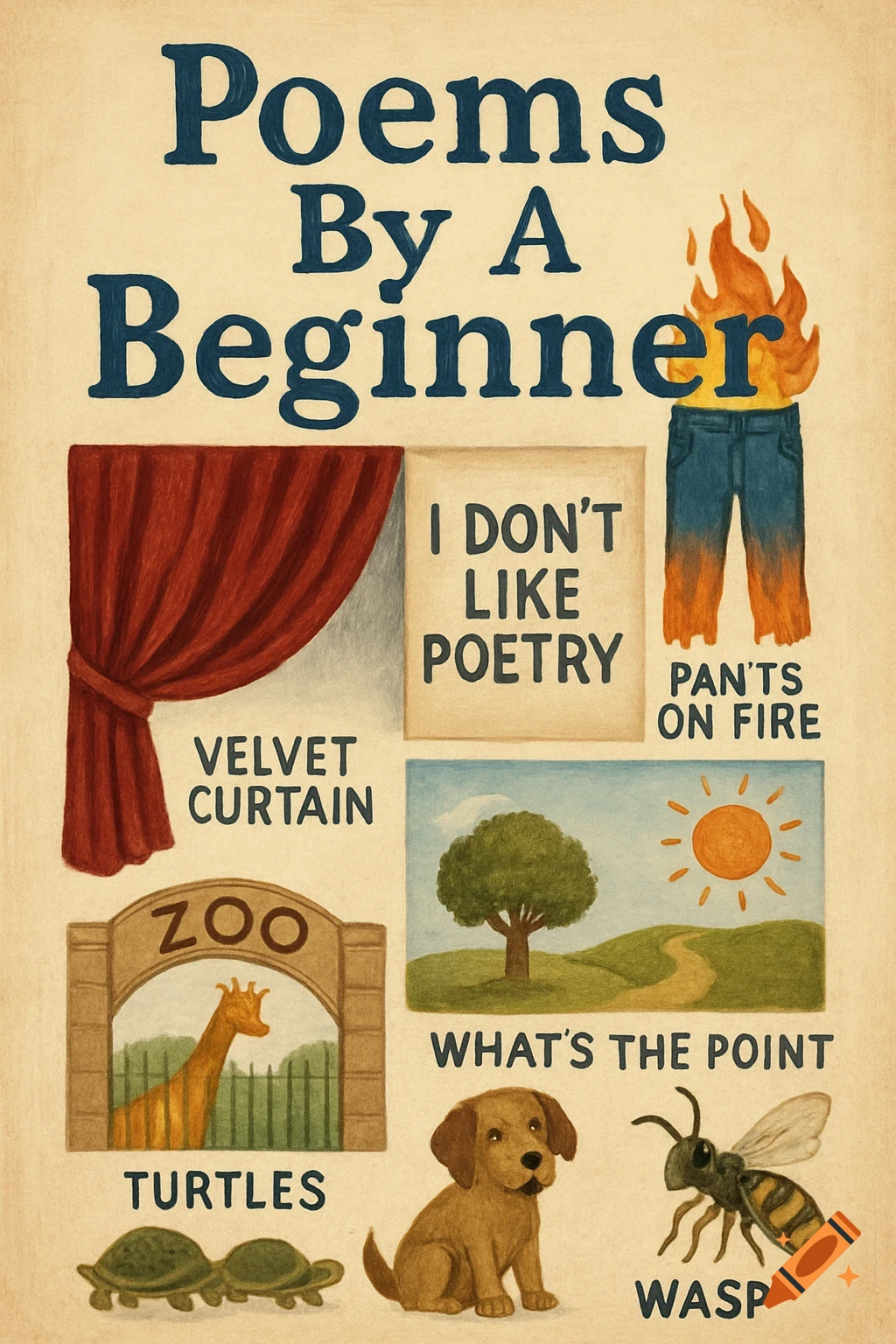 A folk art style book cover titled "Poems By A Beginner," featuring ...