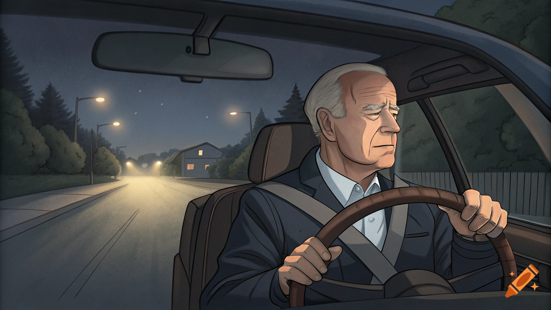Illustration of Joe Biden driving a car at night. on Craiyon