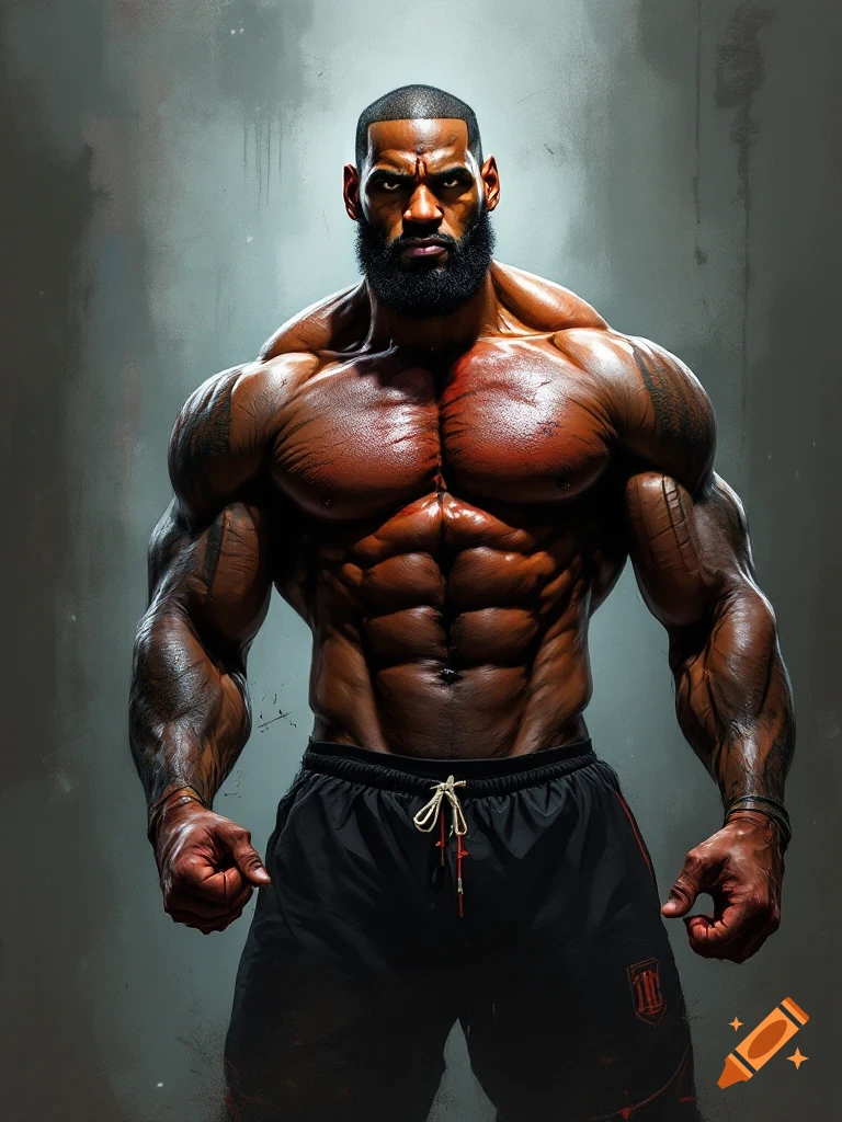 Heavily muscled man resembling LeBron James stands flexing abs in black ...