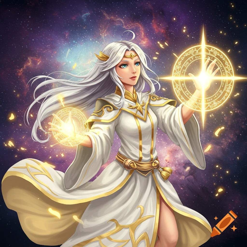 A fantasy character with white hair in a white and gold robe casts ...