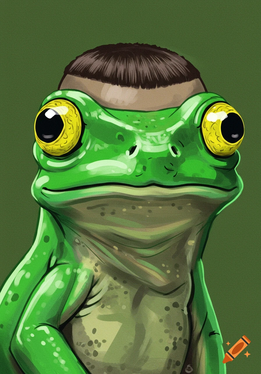 A close-up illustration of a green frog wearing a buzz cut hairstyle ...