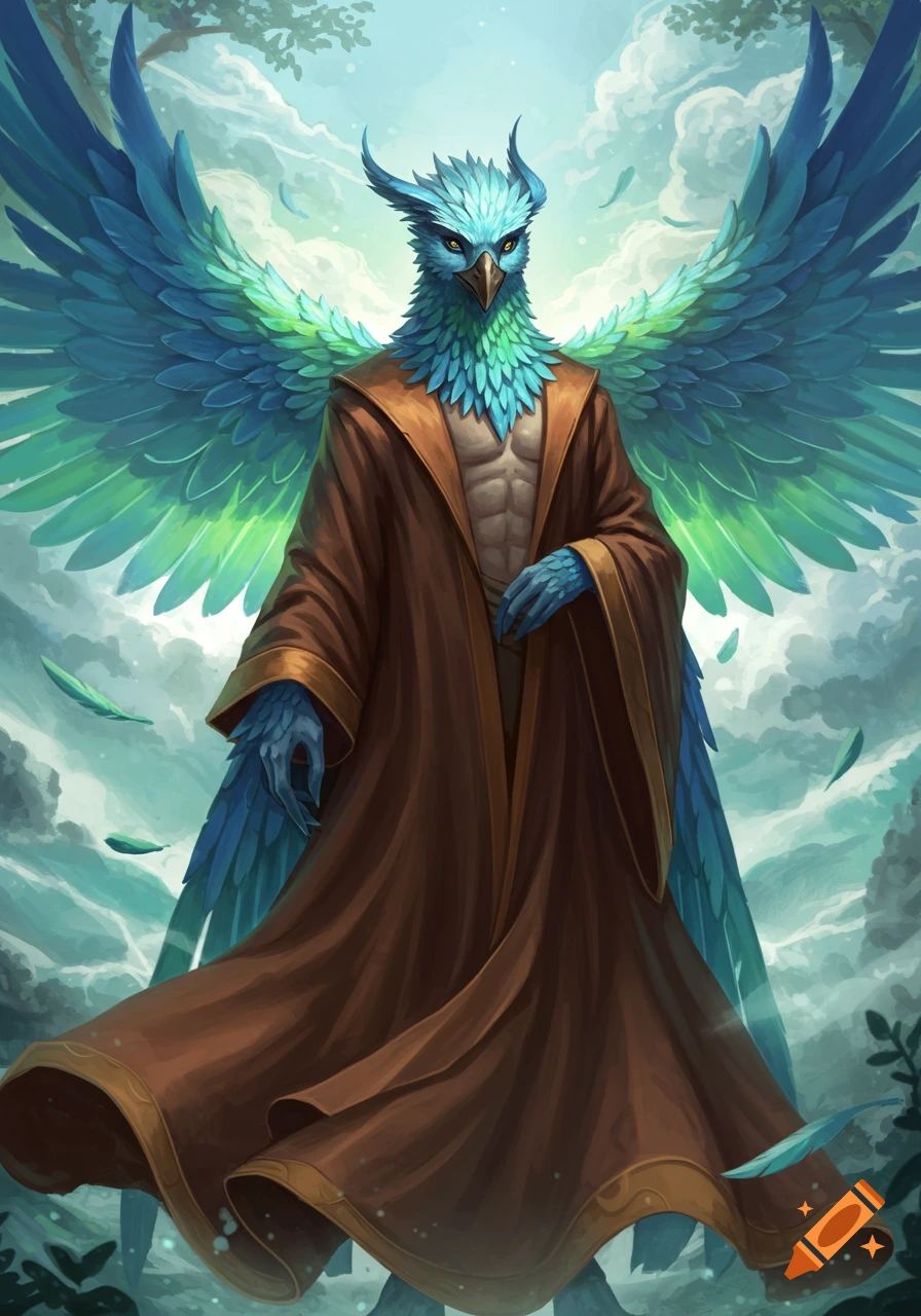 An avian creature with blue and green feathers and wings wears a brown ...