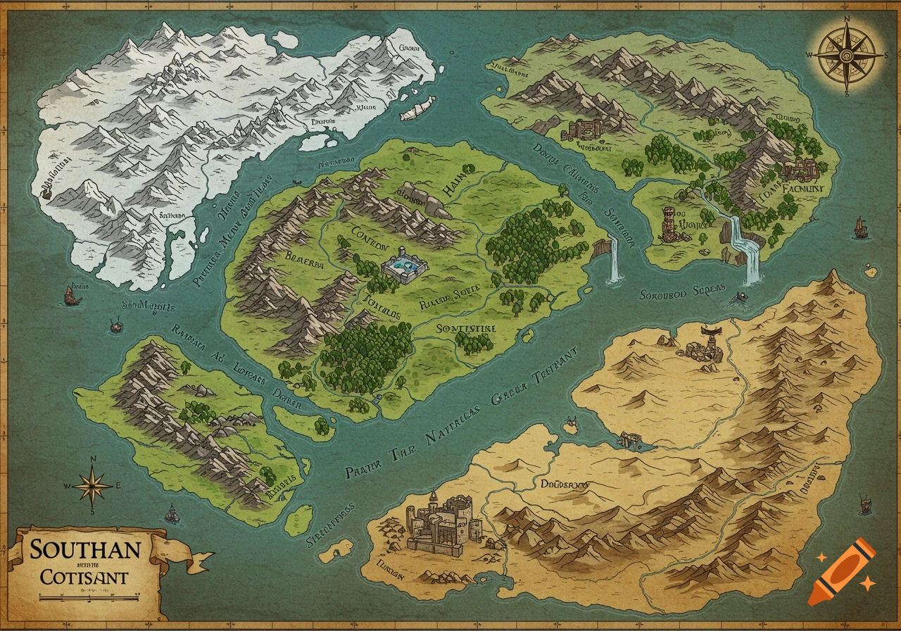 Illustrated fantasy map of continents with mountains, forests, rivers ...