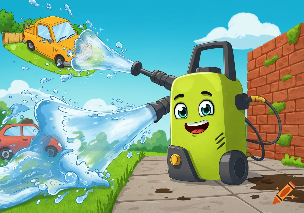Cartoon pressure washer spraying water at cars on Craiyon