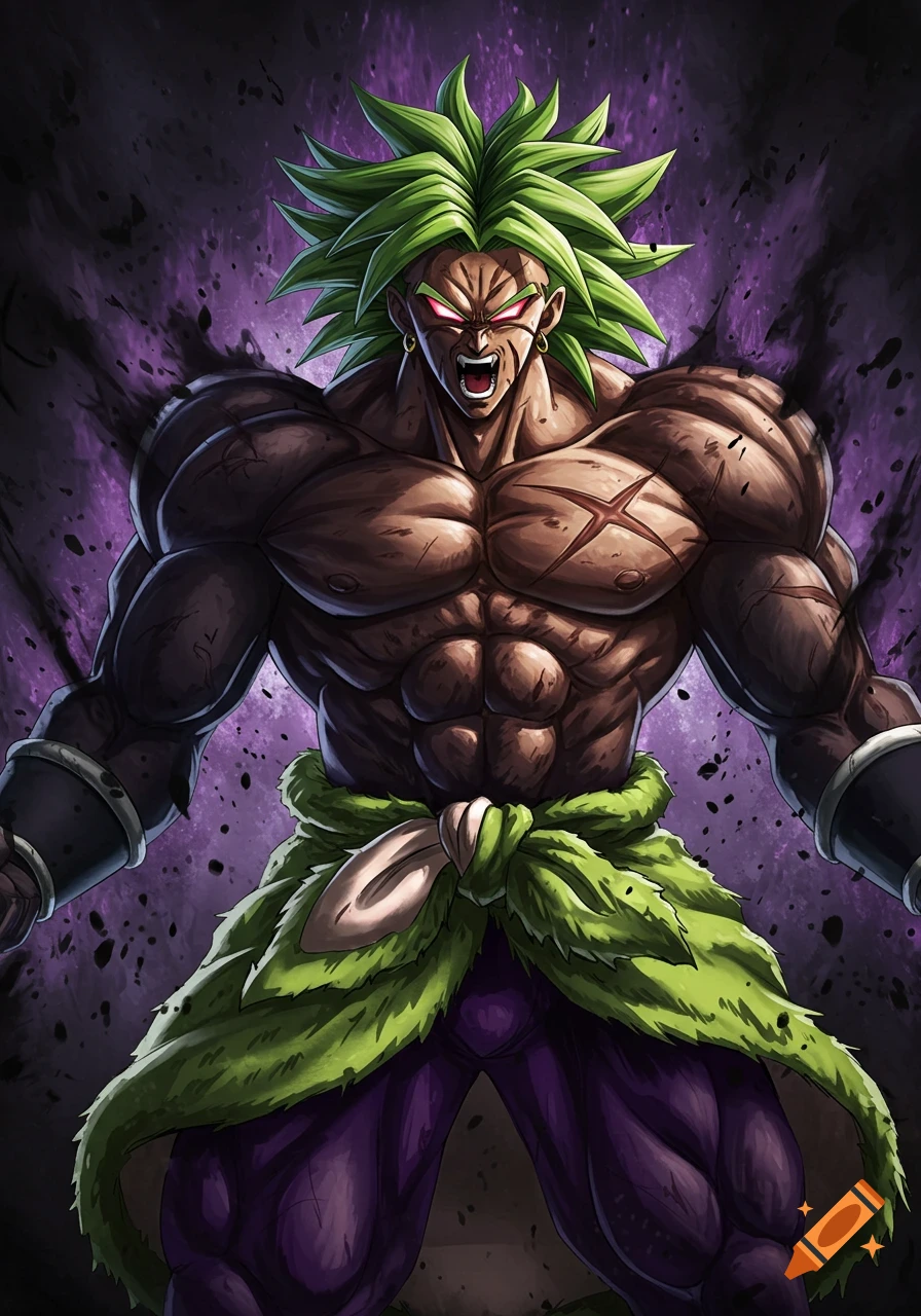 Illustration of Dragon Ball Z character Broly, a muscular figure with green hair and red eyes ...
