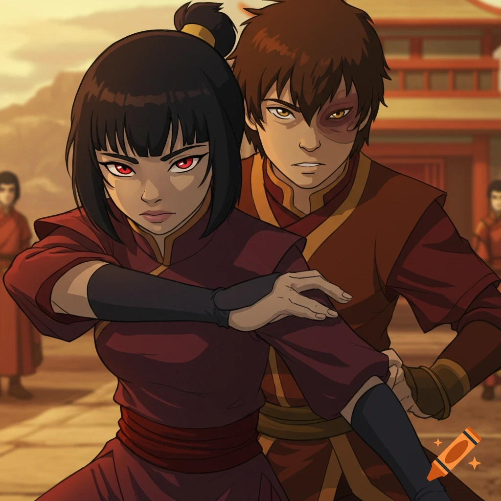 Two anime characters, a woman with red eyes and a man with a scar, pose ...