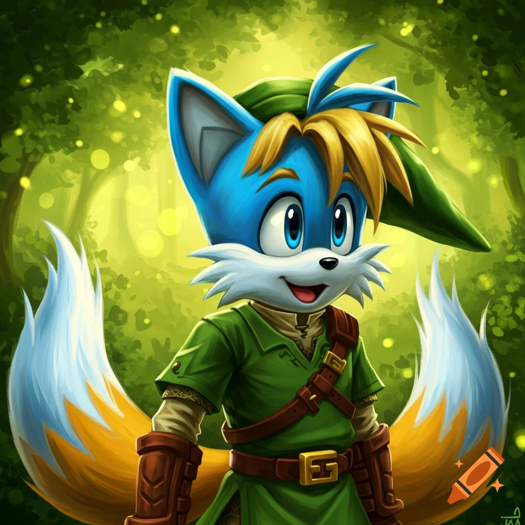 A cartoon fox character (Tails) dressed as Link stands in a forest ...