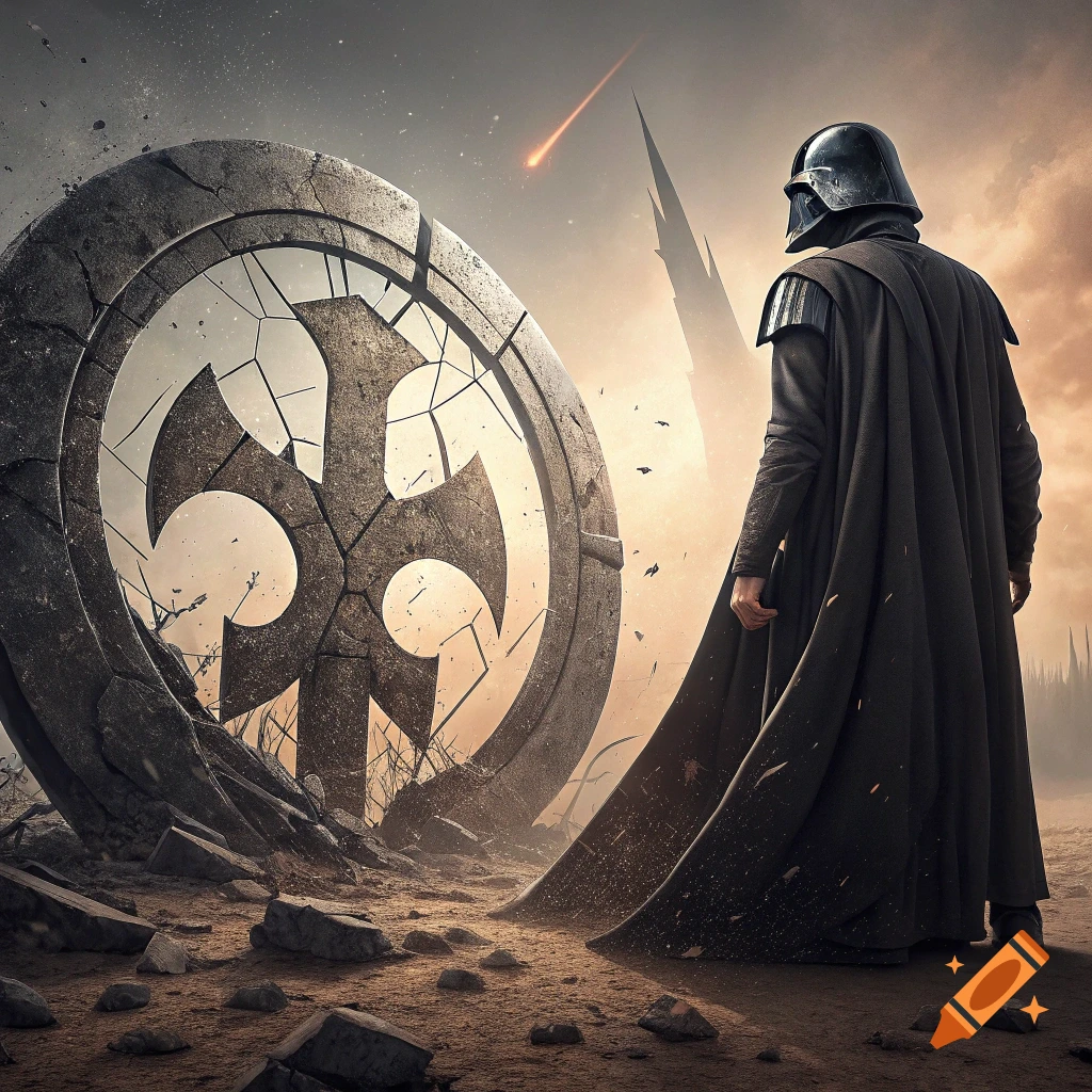 Darth Vader stands before a cracked Jedi symbol in a desolate landscape ...