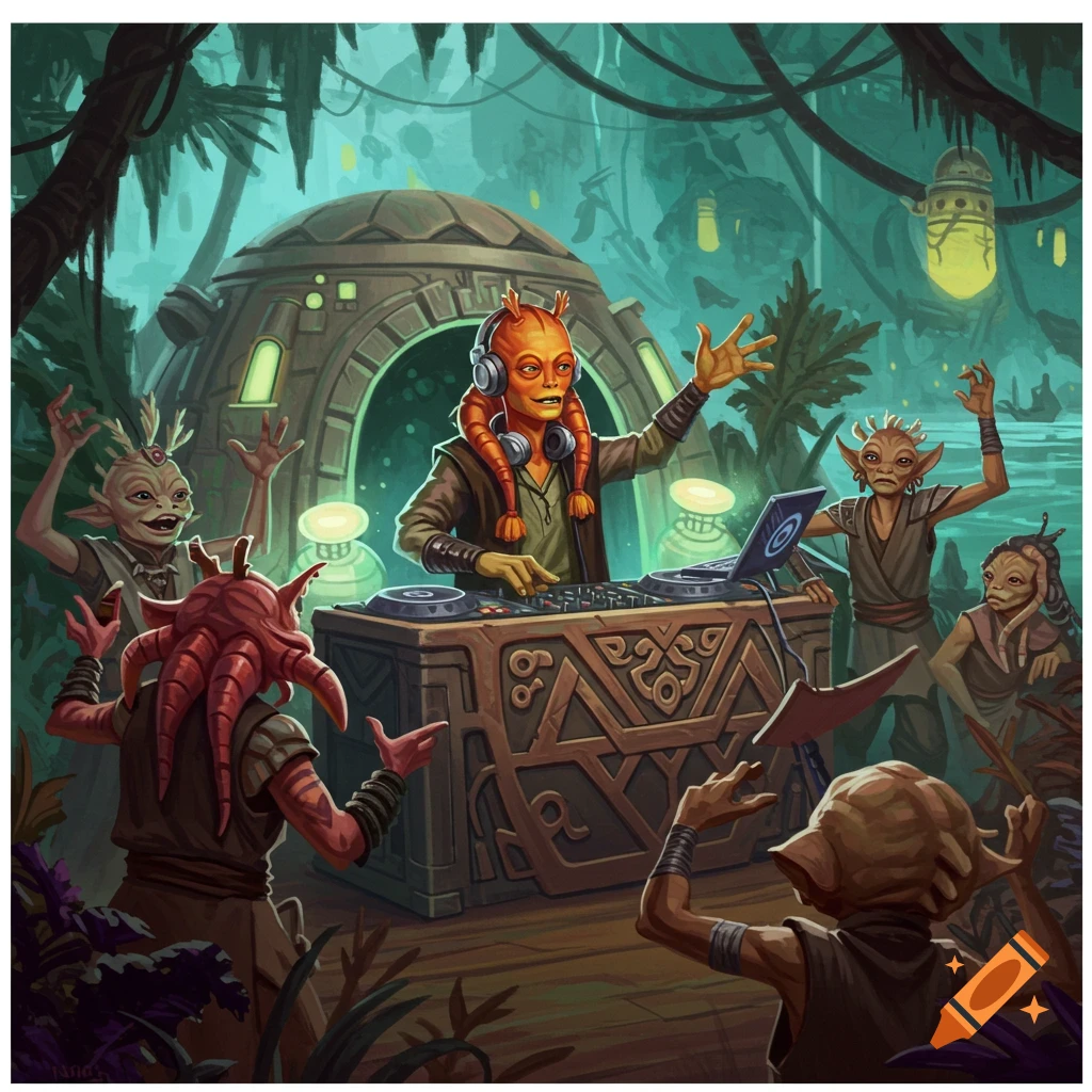 An alien creature DJing for a tribe of dancing alien creatures in a ...