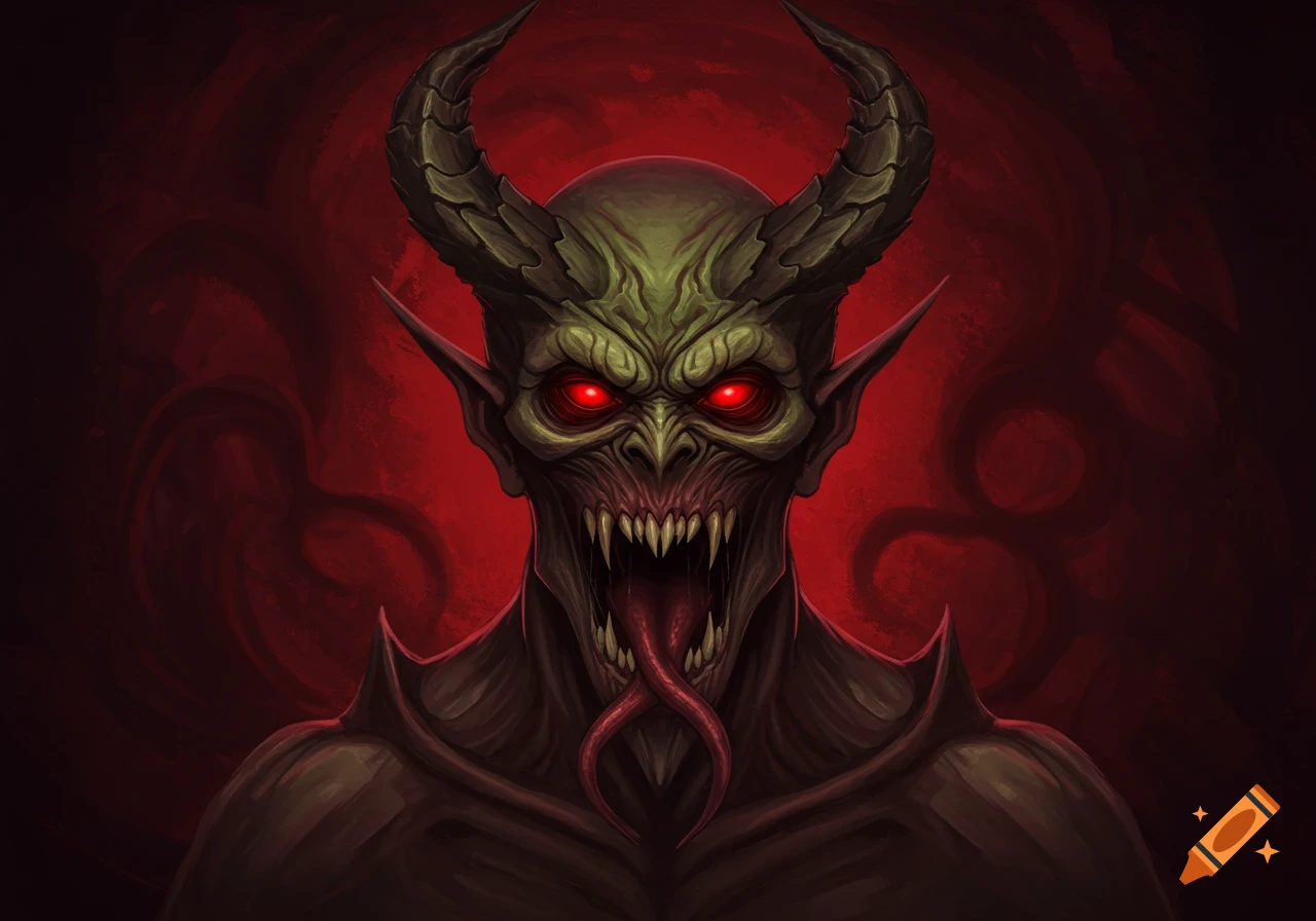 Close-up portrait of a grotesque demon with red eyes, horns, fangs, and ...