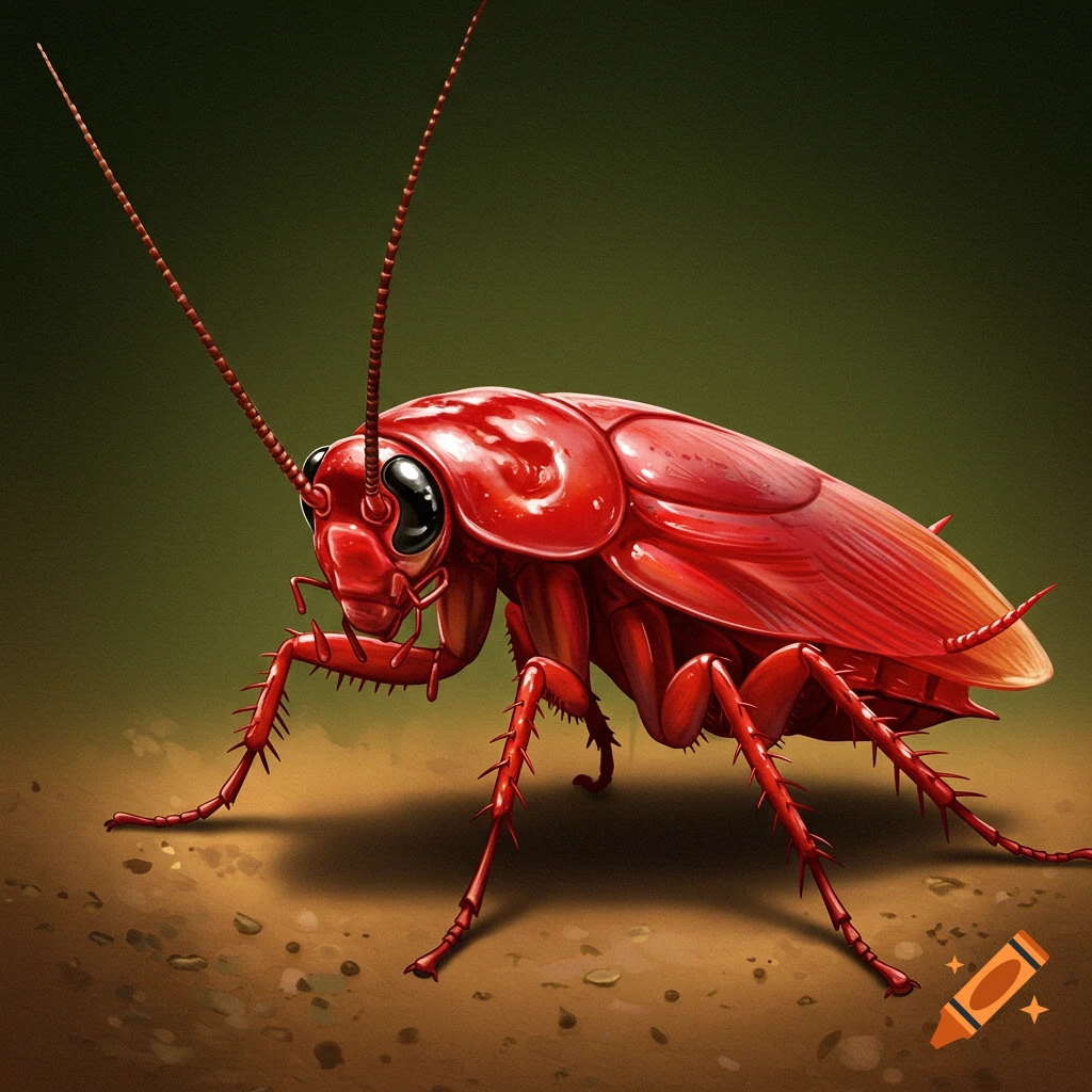 A large red cockroach standing on the ground, with long antennae and ...