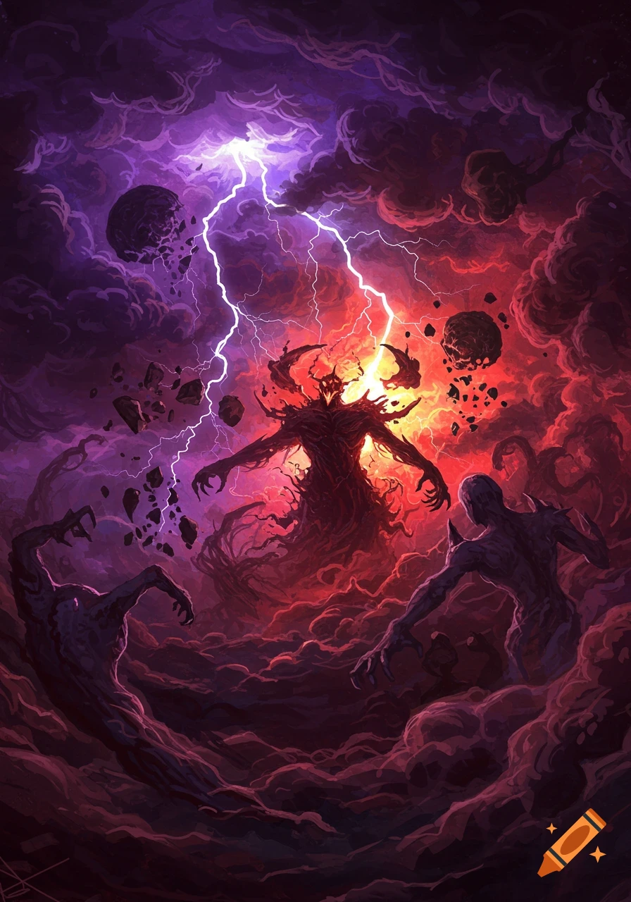 A dark fantasy illustration of a monstrous demon in a stormy, chaotic ...