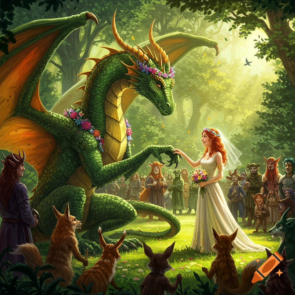 A dragon and a human woman are married in a forest ceremony surrounded ...