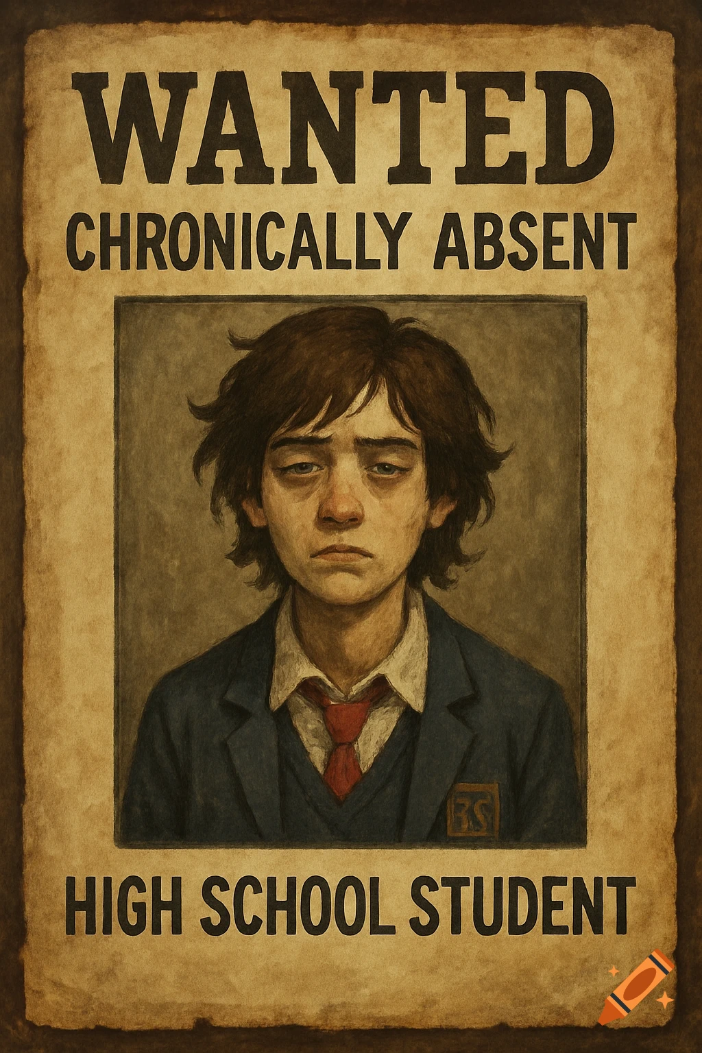 Wanted poster with a portrait of a sad high school student in uniform ...