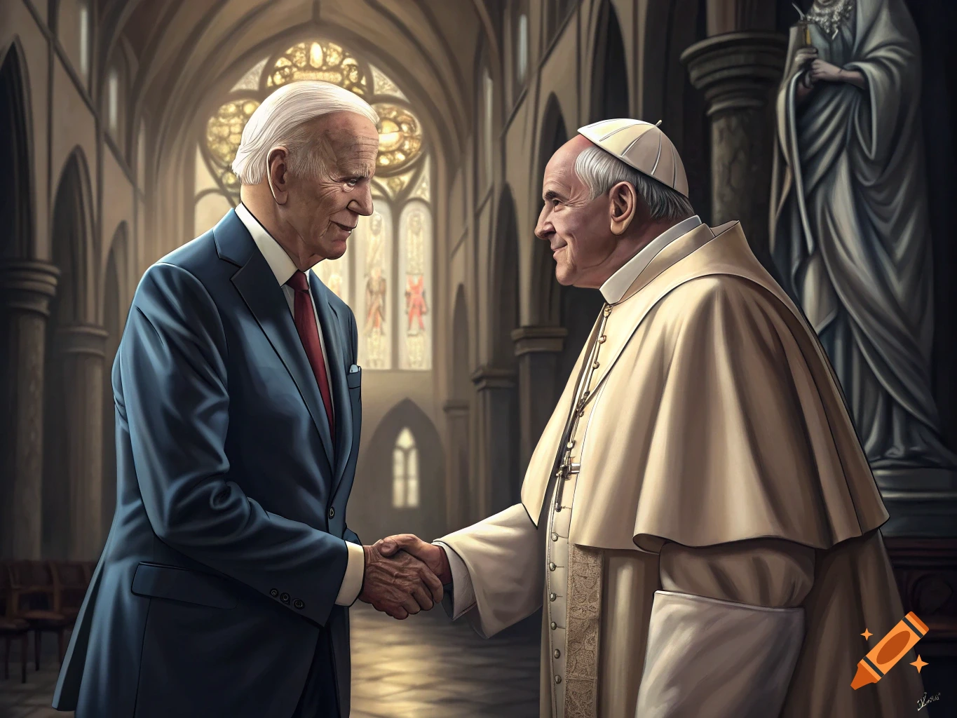 Joe Biden shakes hands with Pope Francis inside a church. on Craiyon