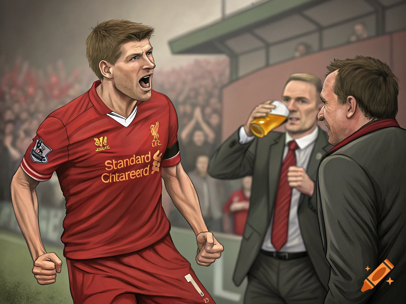 Stylized illustration of a footballer in a red jersey celebrating on a ...