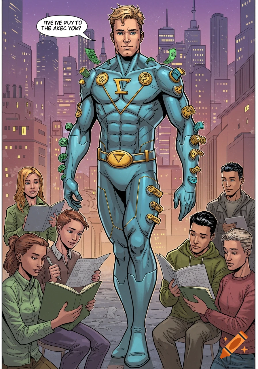 A superhero in a blue and gold suit stands among people holding papers ...