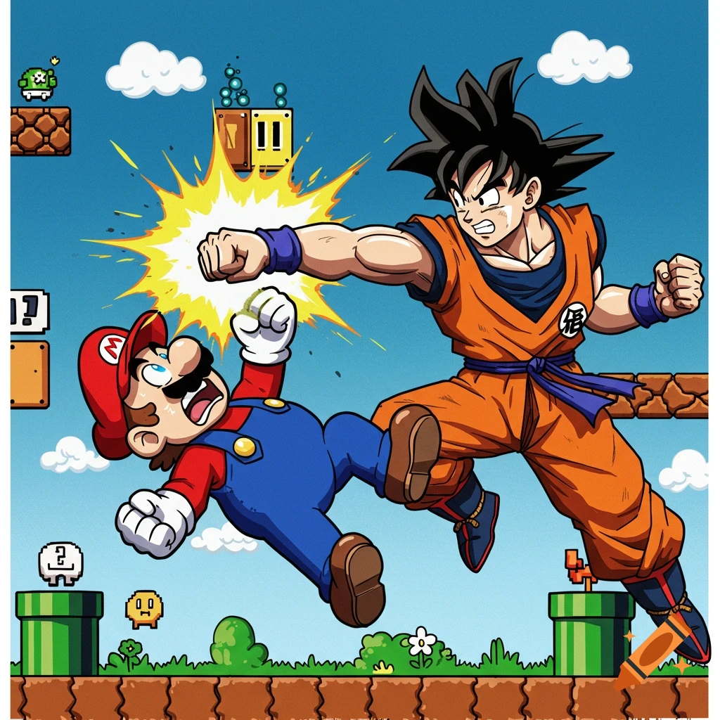 Goku punches Mario in a cartoon style image set in a Super Mario Bros ...