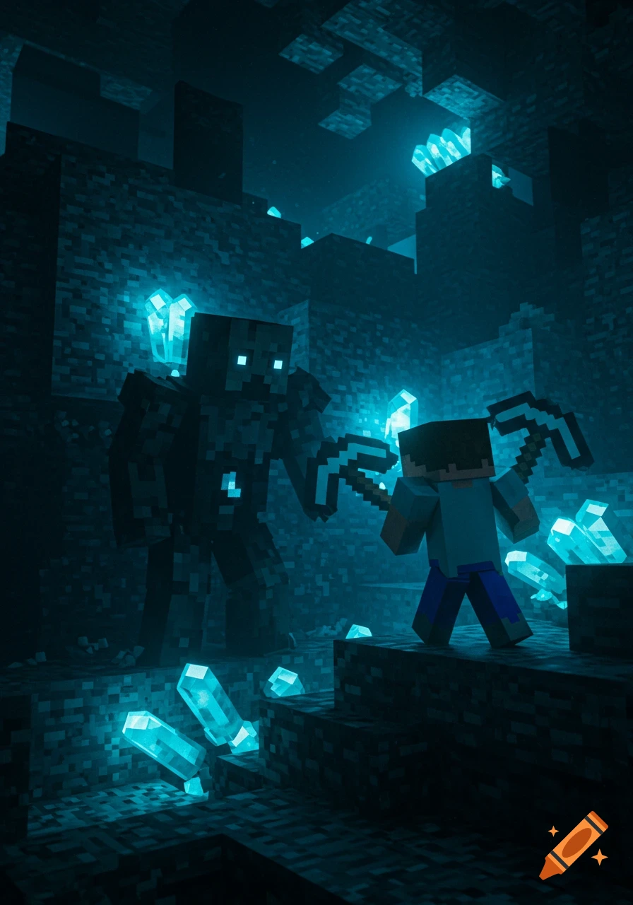 Minecraft Steve and a Warden mining in a dark cave with blue crystals ...