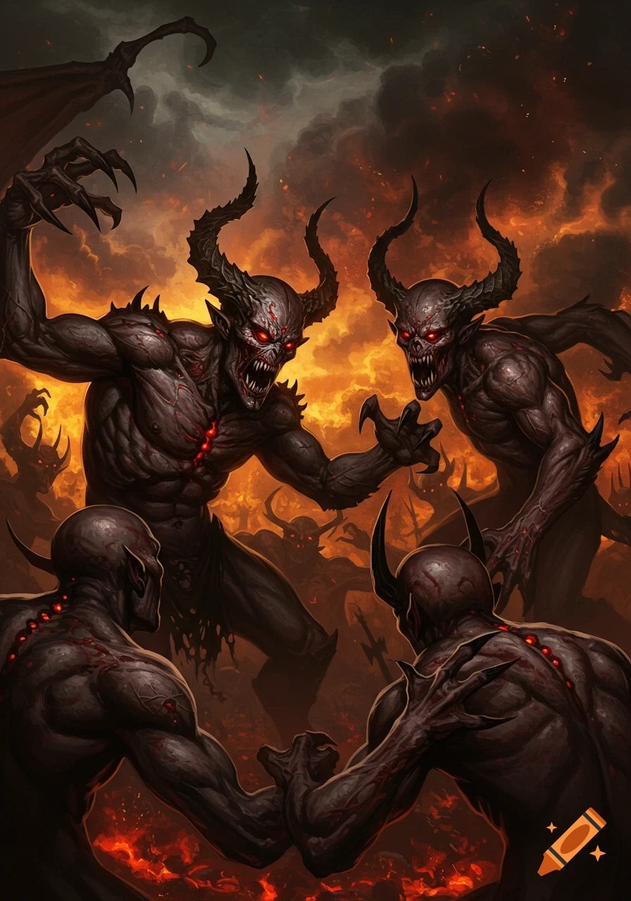 Demonic creatures with horns and red eyes fight in a fiery hellscape ...