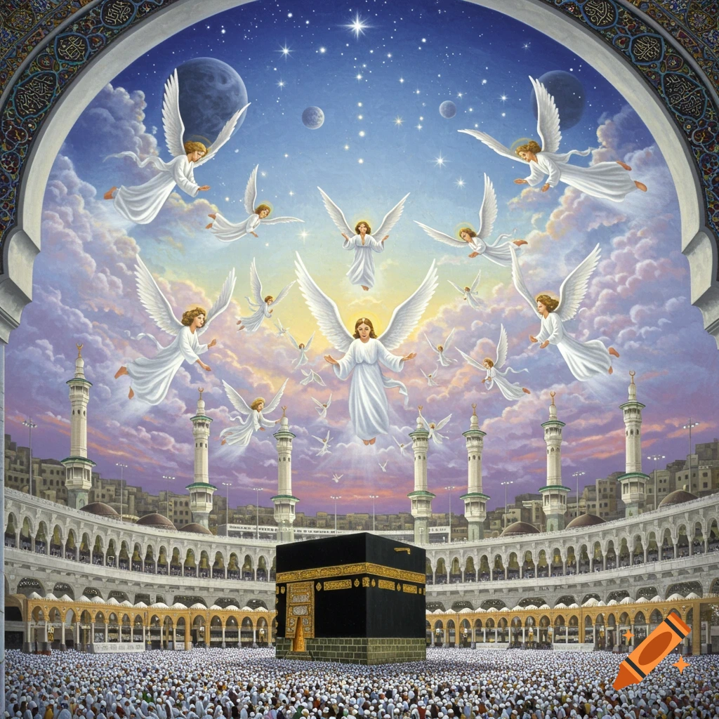A large crowd surrounds the Kaaba in Mecca with angels flying in the ...