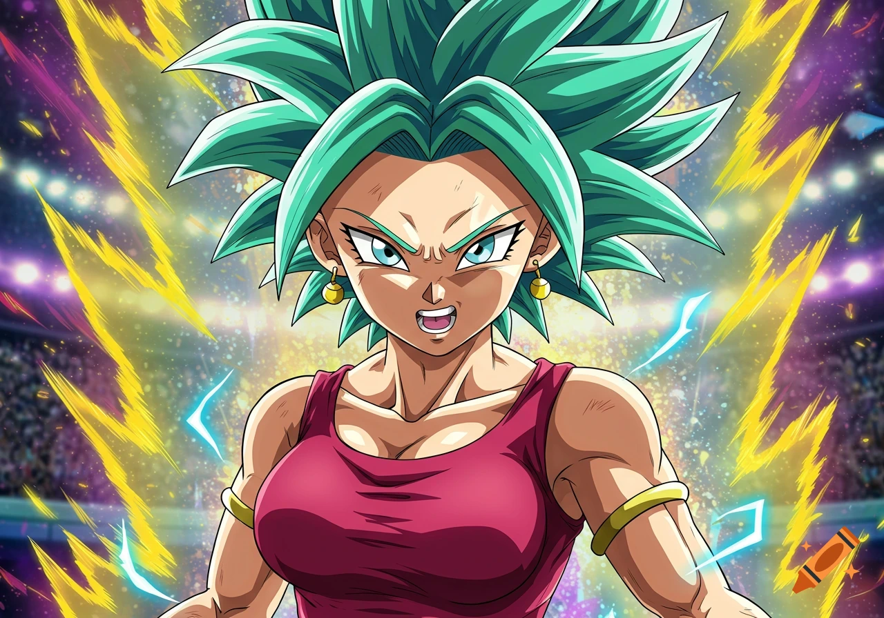 Anime character Kefla shouting in an arena with energy effects. on Craiyon