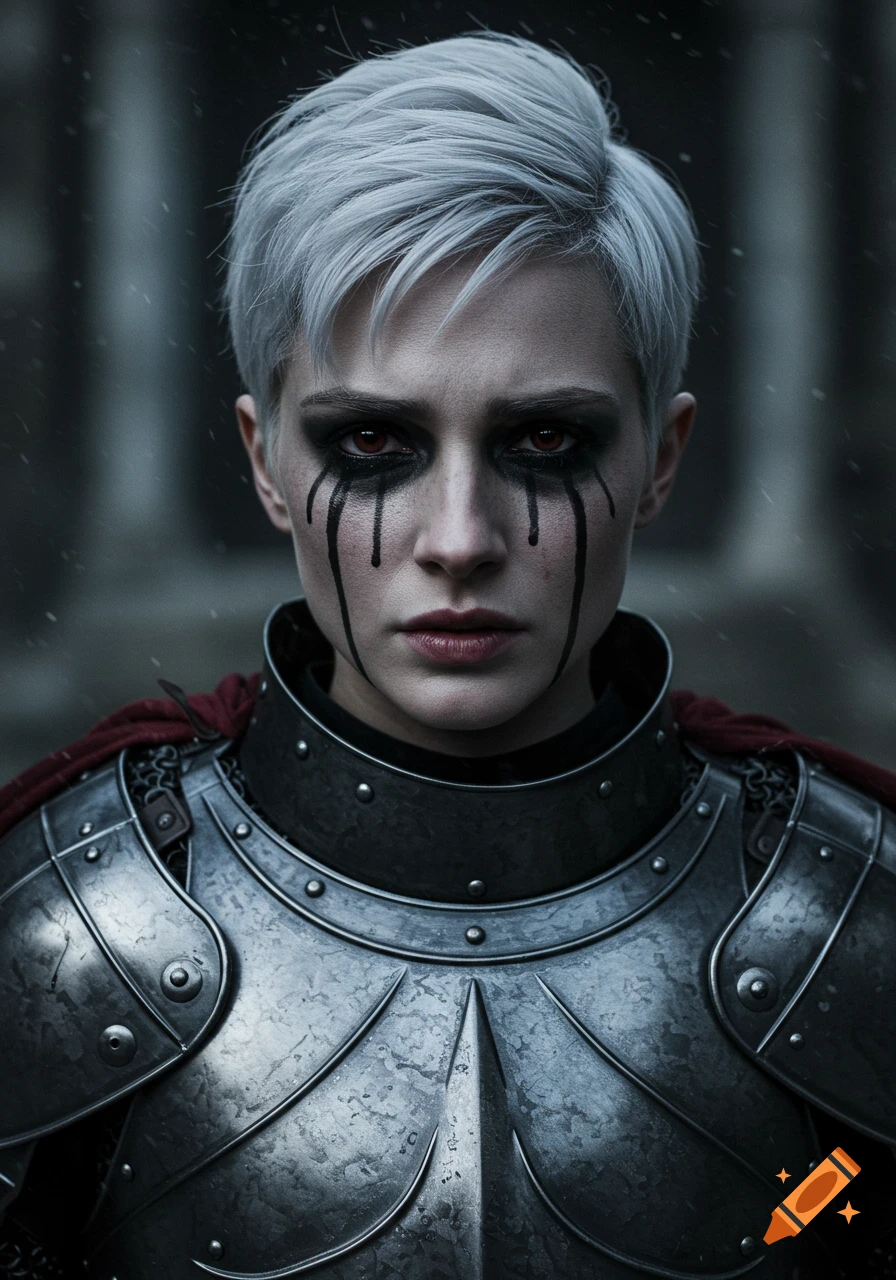 Portrait of a female knight with white hair, black tears makeup, and ...