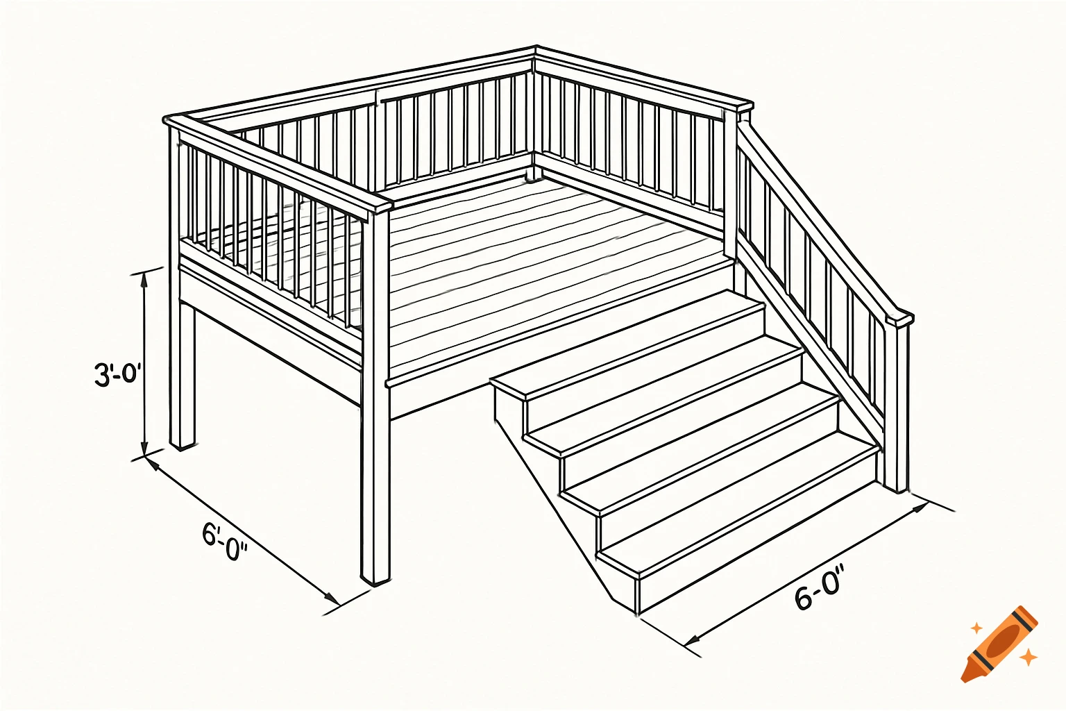 Line drawing of a deck with stairs and dimensions labeled. on Craiyon