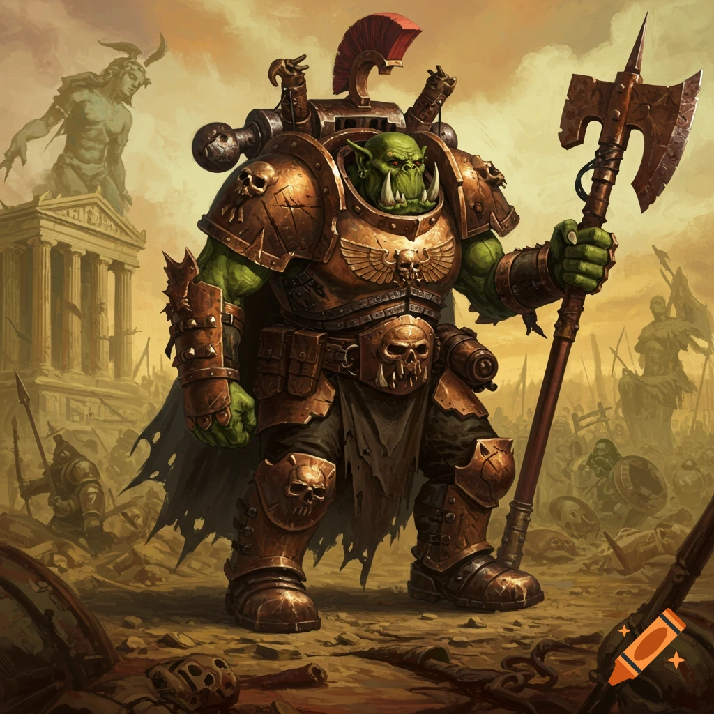 An armored Orc holding an axe stands on a battlefield with Greek ruins ...
