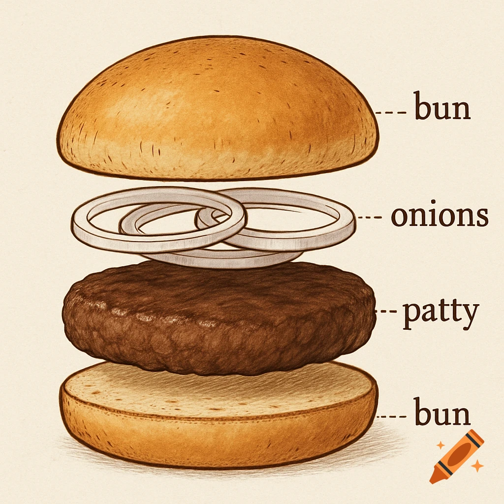 Illustration diagram of an exploded burger with labels for bun, onions ...