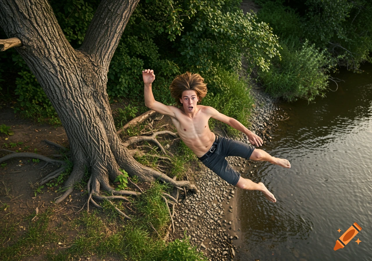 Teenage boy falling from a tree towards a riverbank. on Craiyon