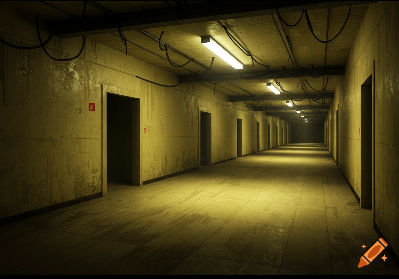 A long, creepy yellow hallway with many doors and dim fluorescent ...