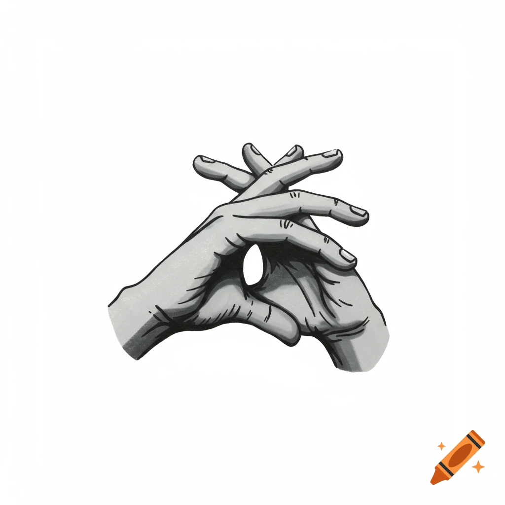 Grayscale drawing of two intertwined hands making a shape. on Craiyon