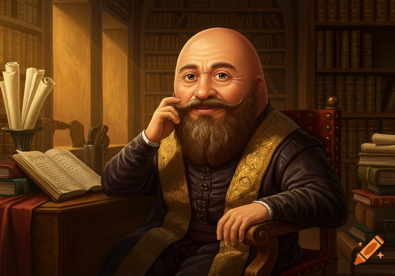 A stout character dressed as a philosopher sits at a desk in a library ...