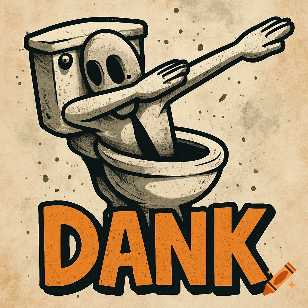Cartoon creature emerges from a toilet doing the dab pose with the word ...