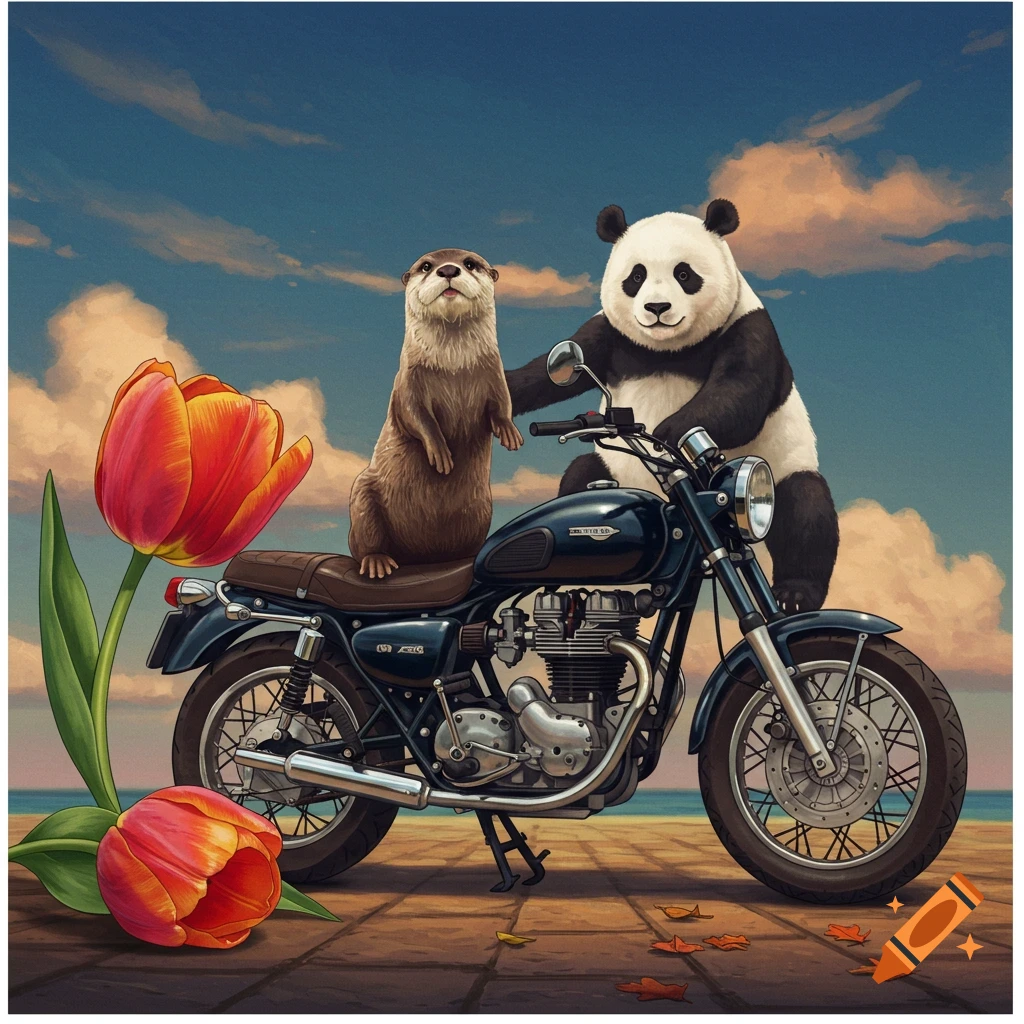 An otter and a panda ride a motorcycle, with tulips in the foreground ...