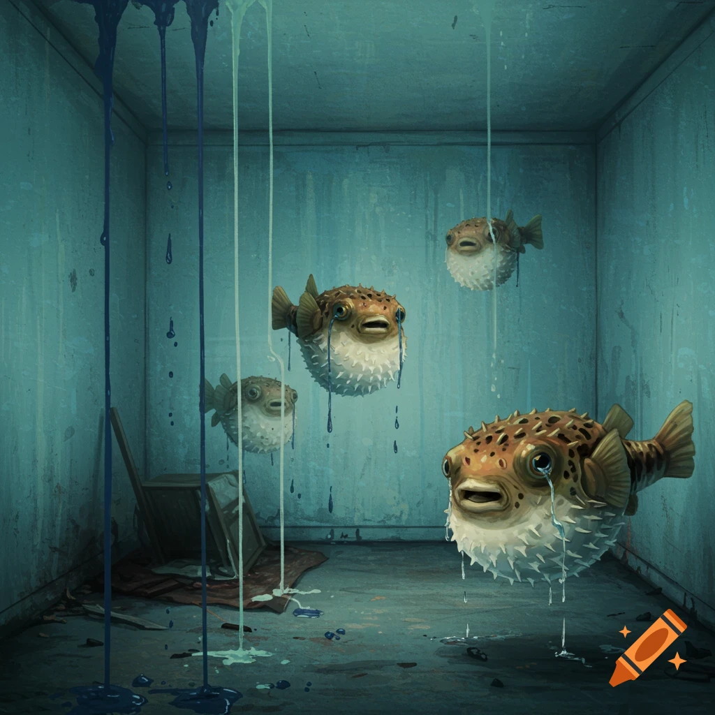 Four crying pufferfish float in a gloomy, dripping room. Digital ...